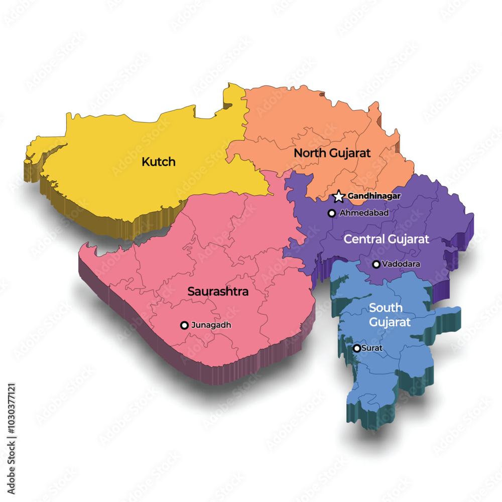 Gujarat 3d map with region wise Stock Vector | Adobe Stock