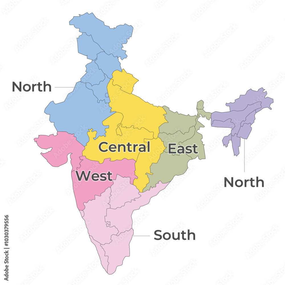 India zonal map with state boundaries Stock Vector | Adobe Stock