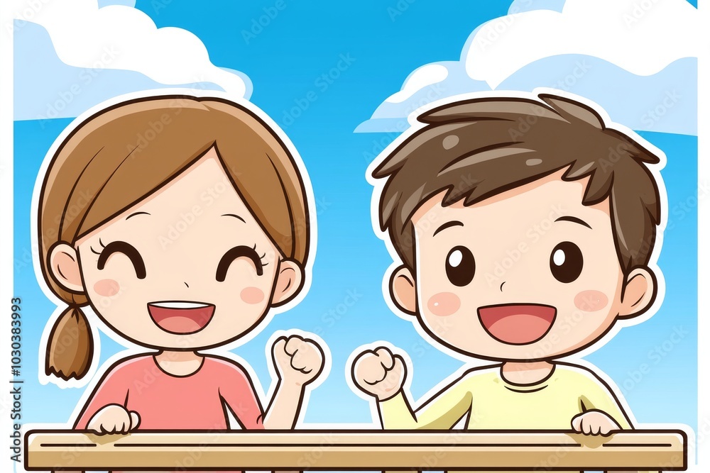 Cartoon illustration of two children in a classroom setting happily ...
