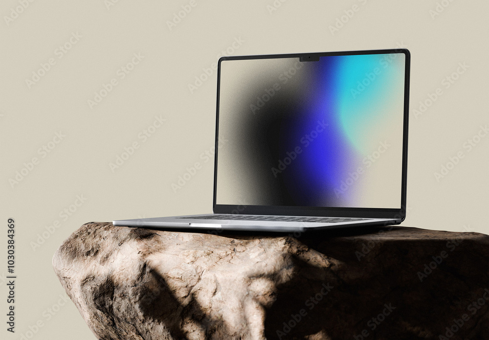 Laptop Device On The Stone Mockup Stock Template | Adobe Stock