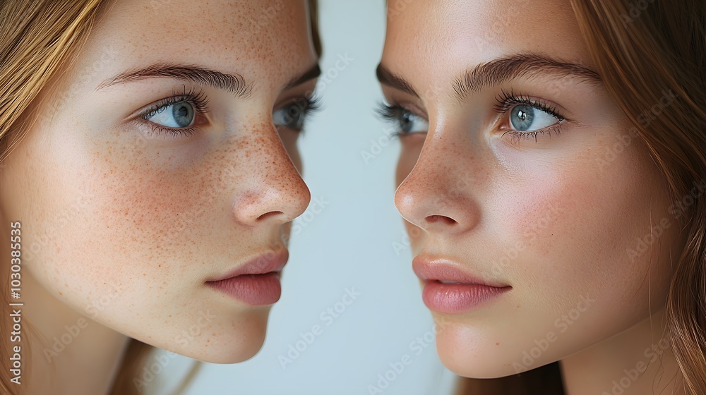 Testimonial image of a woman before and after rhinoplasty, showcasing ...
