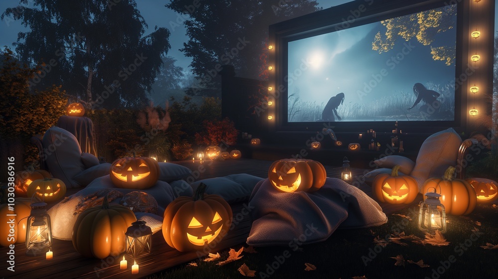 A backyard movie night setup with a large screen playing a Halloween ...