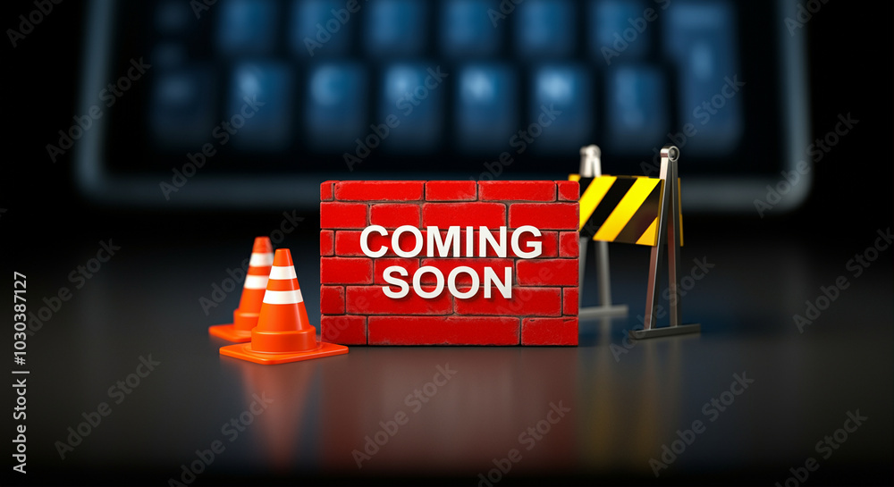 Construction sign with coming soon message and warning cones for ...