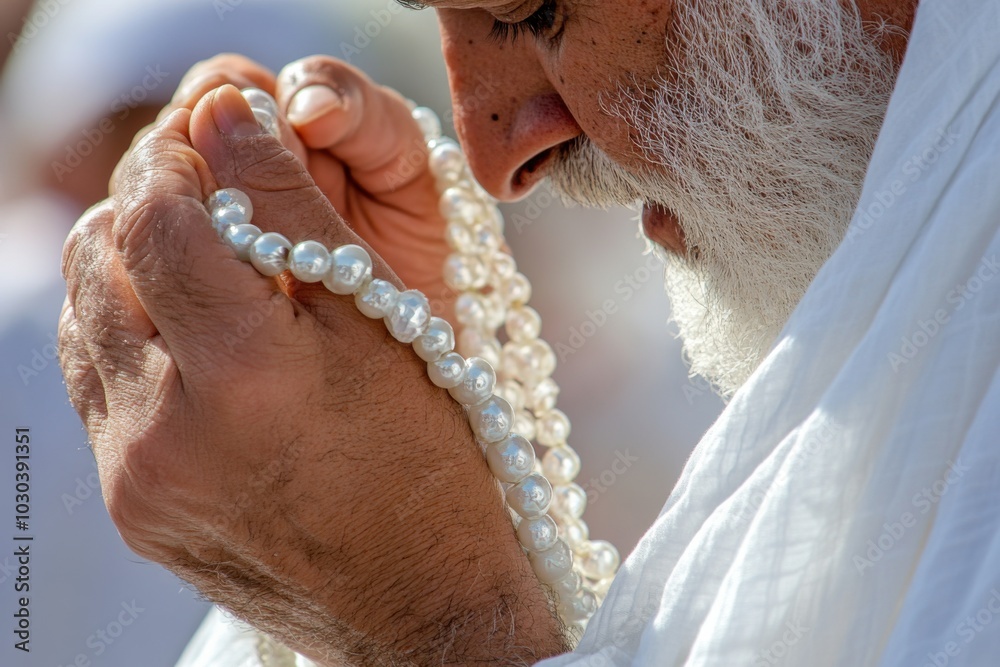 A close-up of a pilgrim holding prayer beads (Tasbeeh) while gazing ...