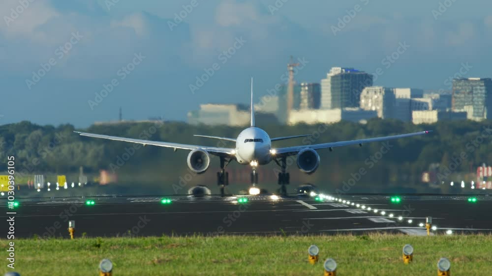 Airliner taking off from the runway in a front view with both wings ...