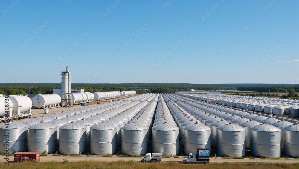 Spherical tanks at an industrial factory amidst containers and set ...