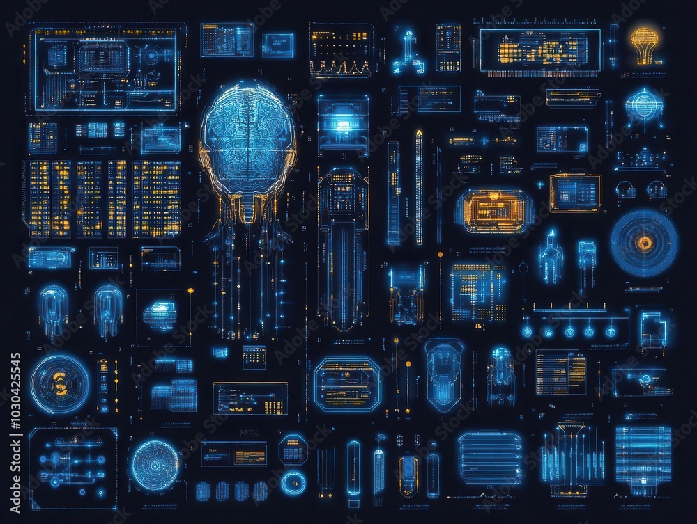 ai generated blue line icons depict various artificial intelligence ...