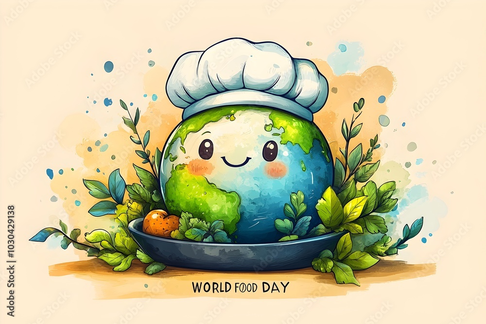 vector illustration of a globe wearing a chef hat and with a dish in a ...