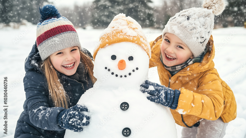 Three joyful children bundled up in winter clothes are building a ...
