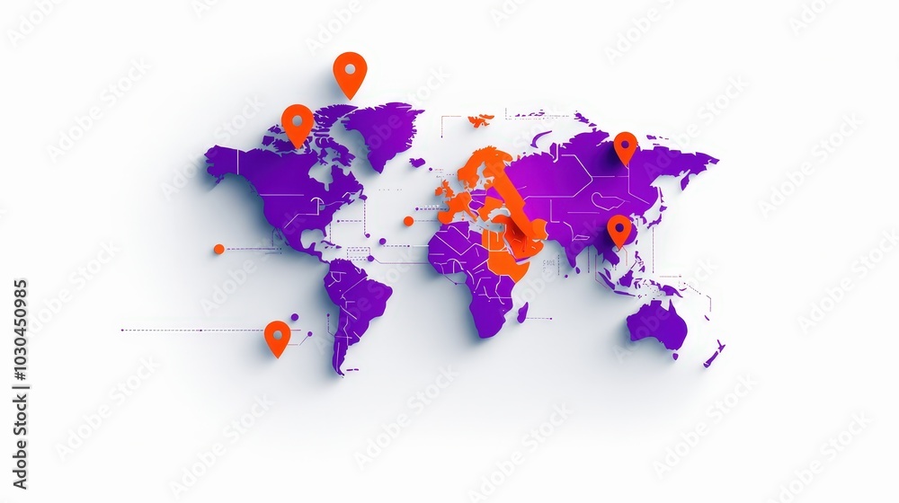 Colorful World Map with Location Pins and Routes Stock Illustration ...