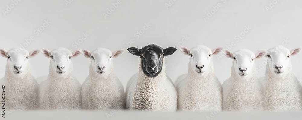 Row of white sheep in perfect order, with one black sheep in the center ...