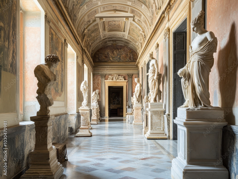 Exploring an elegant corridor filled with classical sculptures in a ...