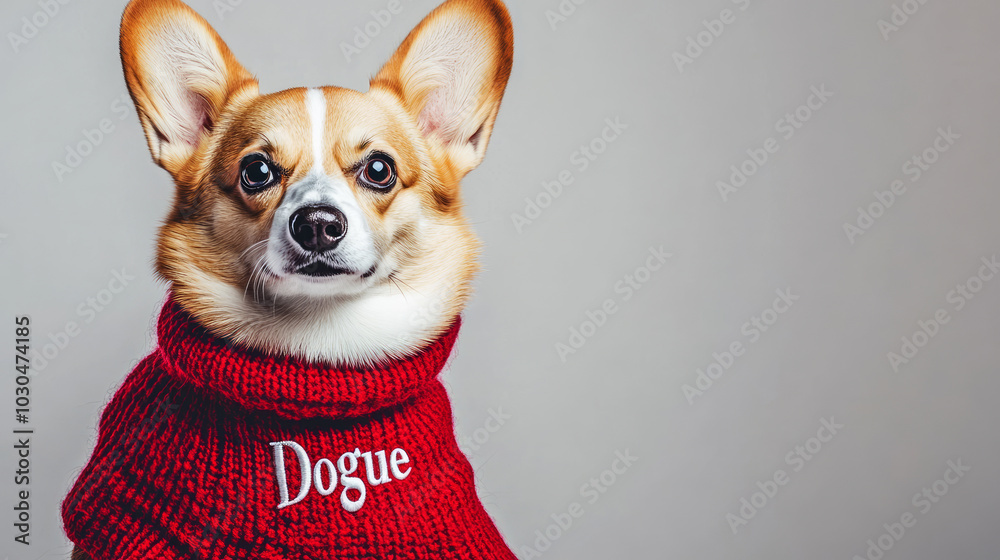 Corgi dog wearing a red sweater with "Dogue" text posing in a studio ...