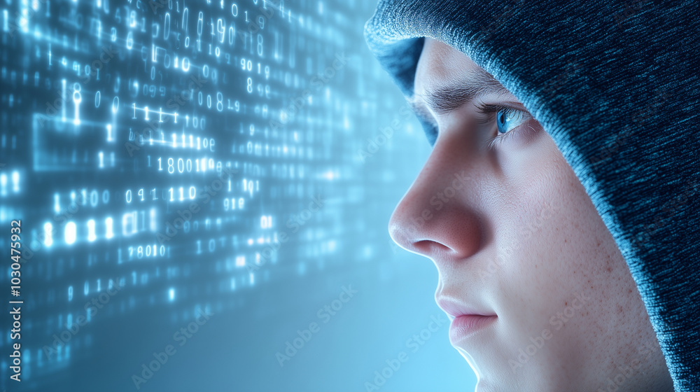 Close-up of a hacker’s hooded face, partially obscured, with floating ...