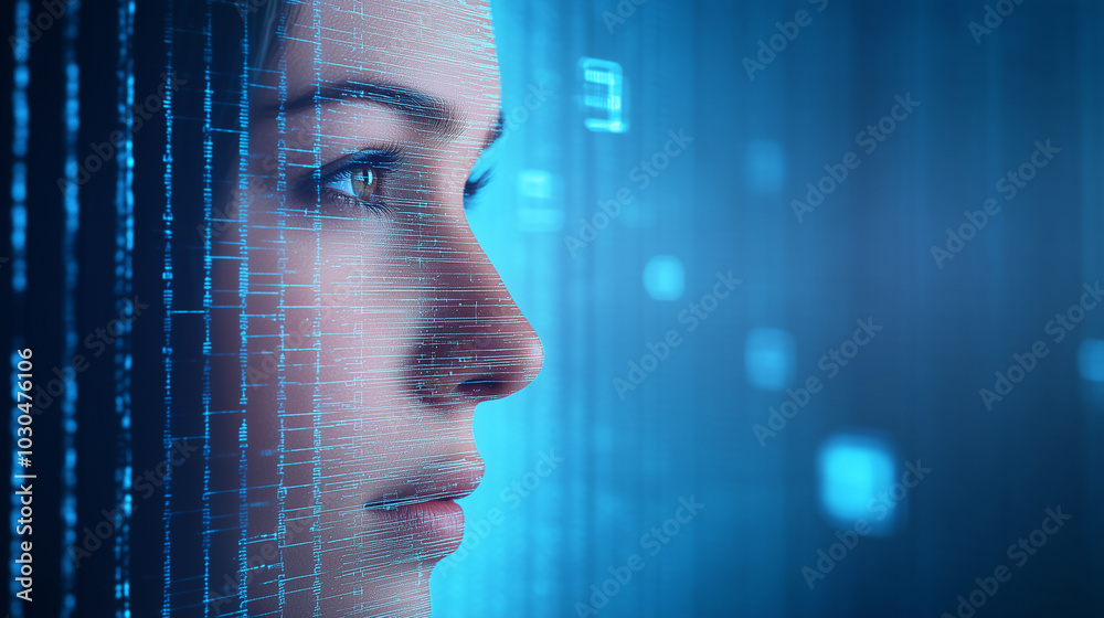 Close-up of a hacker’s hooded face, partially obscured, with floating ...
