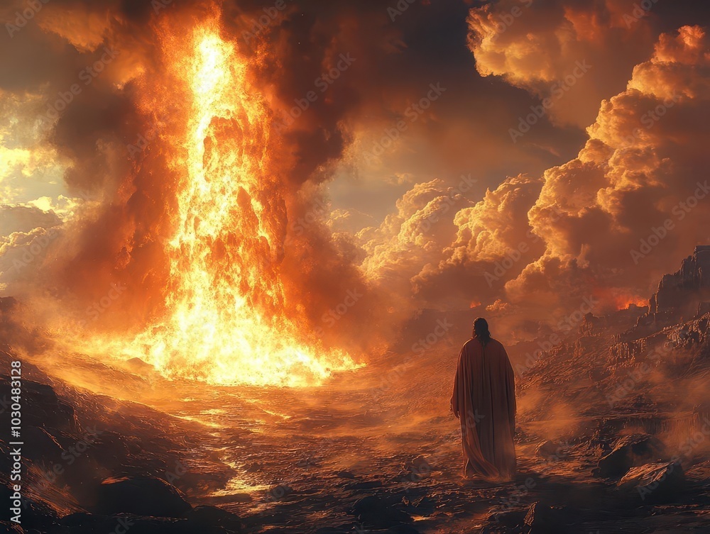 dramatic scene of moses confronting a miraculous burning bush amid an ...