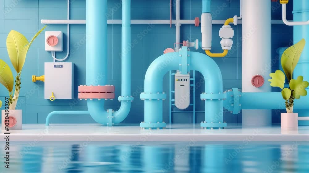 Modern Industrial Plumbing Bright Blue Pipes and Valves with Clean ...