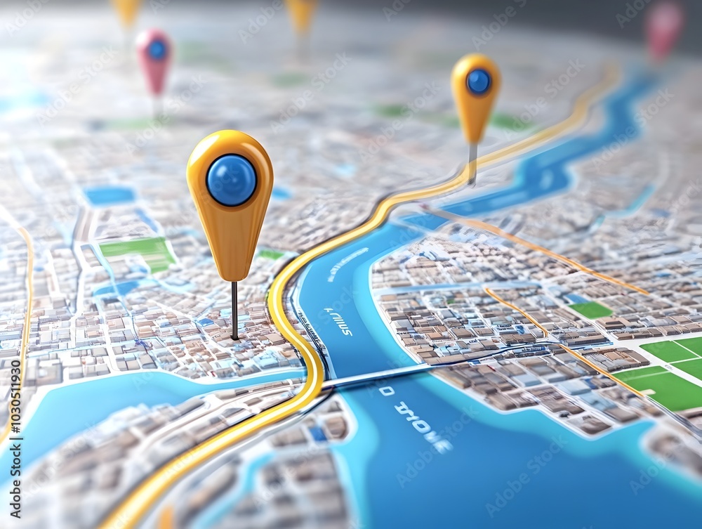 Detailed Digital GPS Map with Route Path and Navigation Markers on City ...