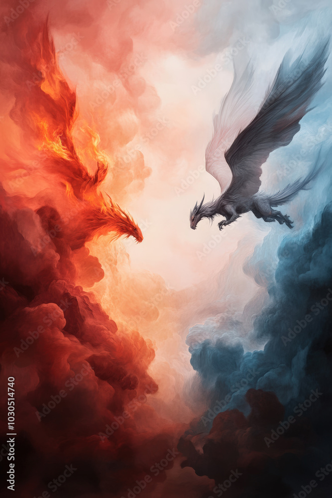 dragon and gryphon are locked in fierce aerial battle amidst swirling ...