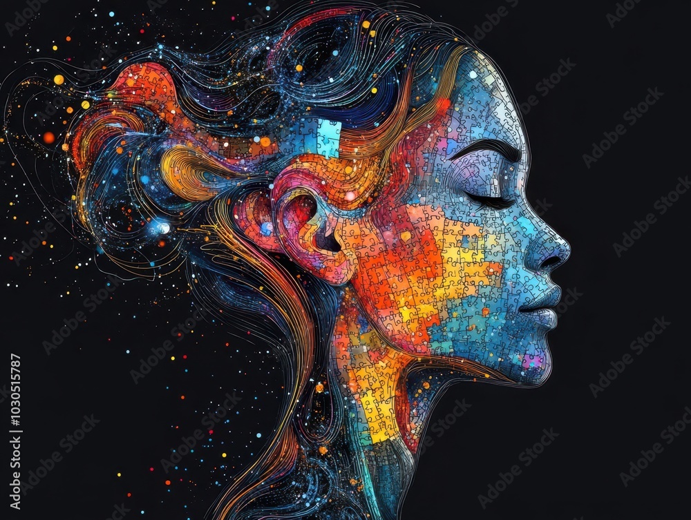 human head profile intertwined with jigsaw puzzle pieces, symbolizing ...