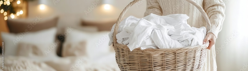 Person holding laundry basket filled with clean white clothes, cozy ...