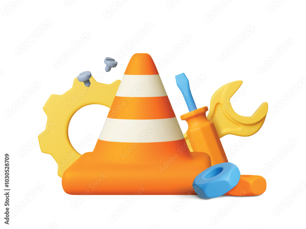 3d Repair 3d scene. Plastic traffic cone, screws, gears, nuts ...