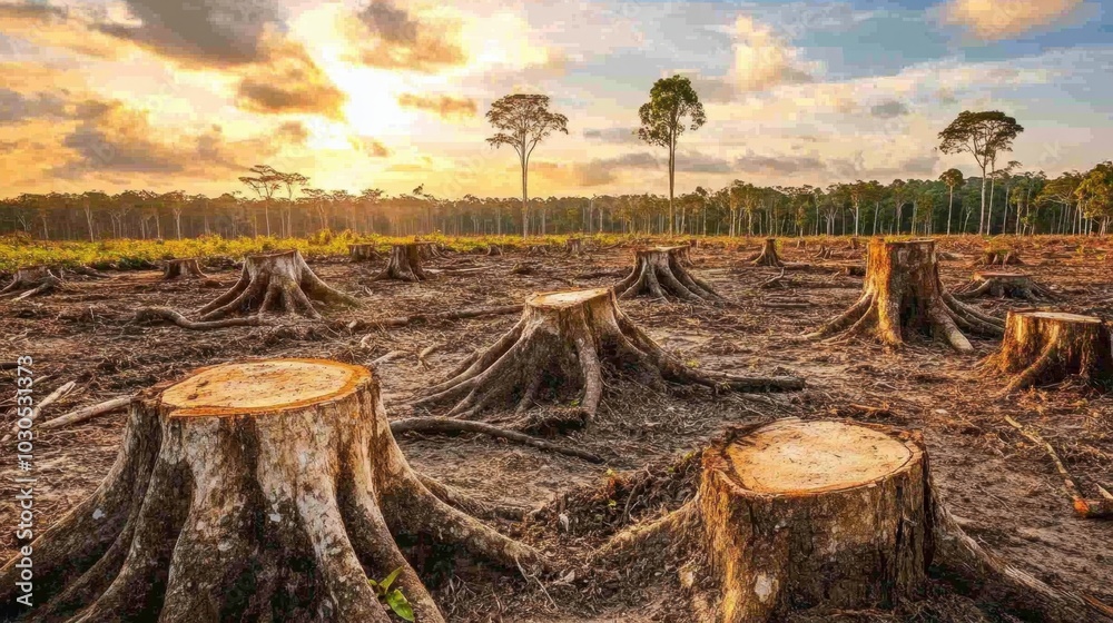 Large sections of a devastated rainforest with trees cut down and exposed stumps, illustrating ...