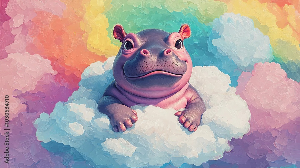 Snarky baby hippo floating on a cloud, 3D fantasy scene, rainbow colors ...