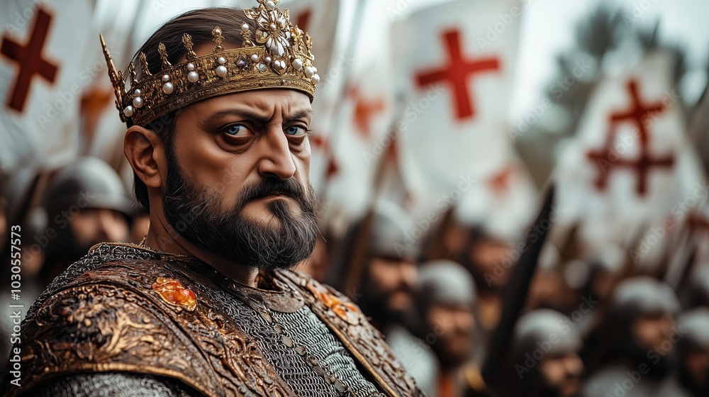 The Christian king stands resolute before his army, banner flags with ...