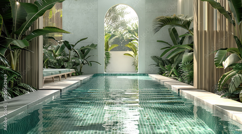Luxurious pool area with striped green and white tiles in inside tile ...