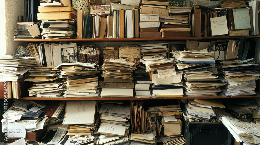 Cluttered Shelf Filled with Old Paperwork and Documents Stock Photo ...