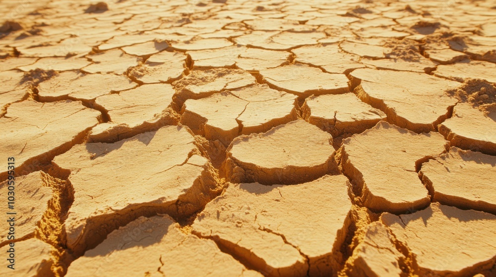 Dry, cracked desert floor made of fine sand, scattered with small rocks ...