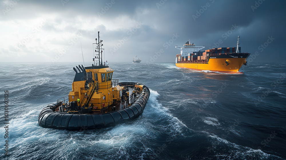 small tugboat guiding large cargo vessel into port amidst dramatic ...