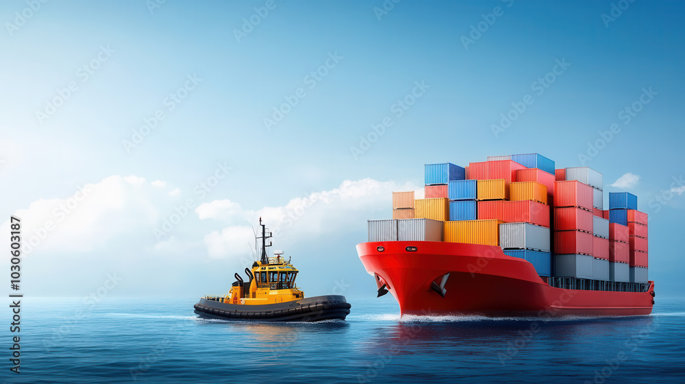 small tugboat guiding large cargo vessel into harbor, showcasing ...