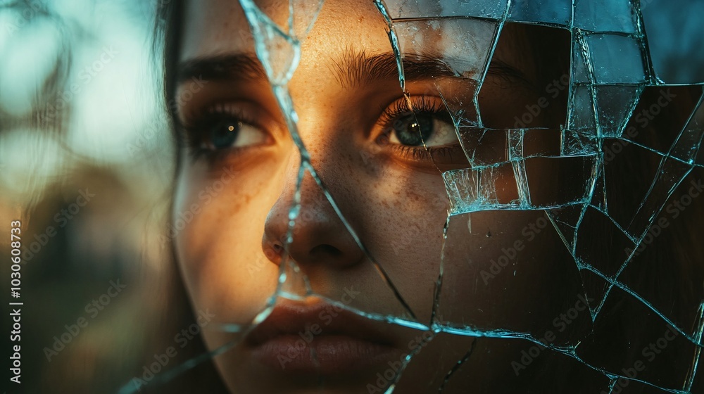 This thought-provoking image captures a sad face reflected in a ...