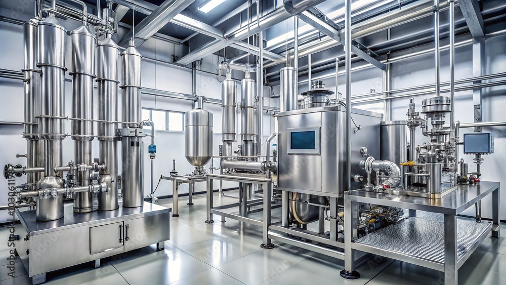 Shiny stainless steel evaporator equipment in a modern laboratory ...