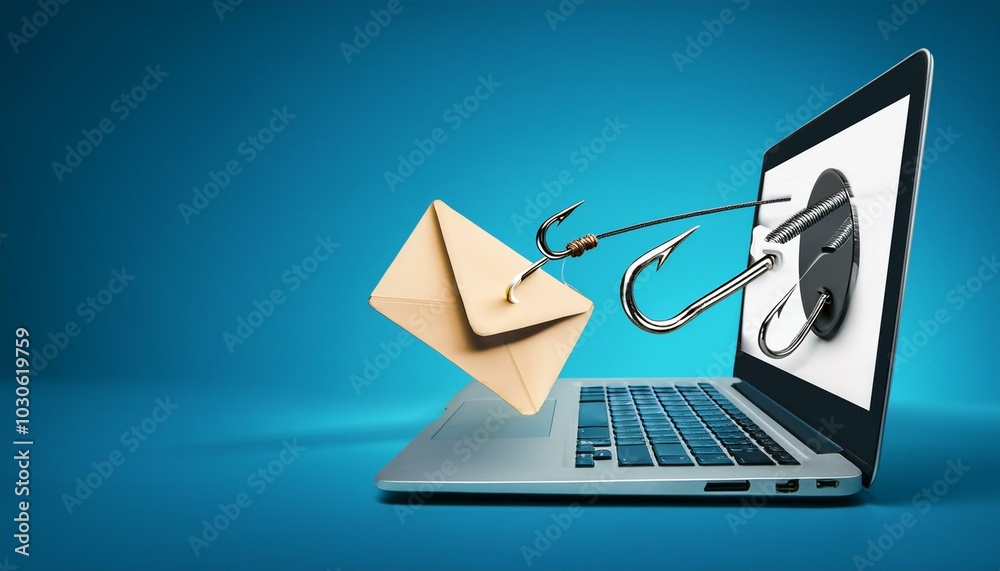 Phishing attack, cybercrime and hacking concept with fish hooks ...