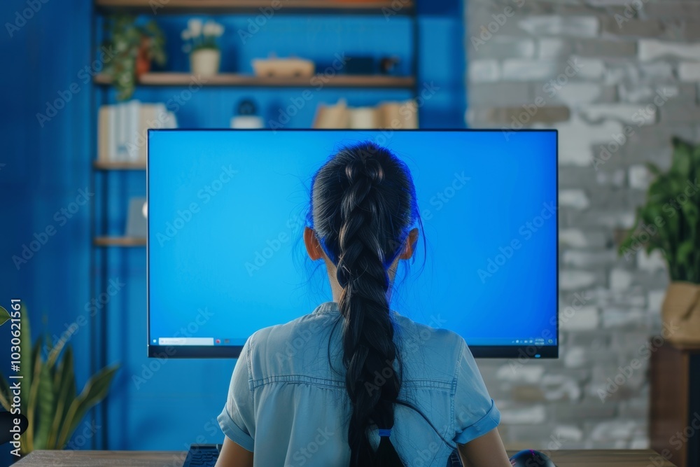 Display mockup indian woman in her 40s in front of a computer with a ...