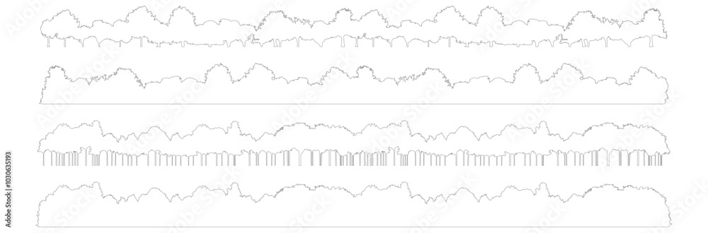 Minimal style cad tree line drawing, Side view, set of graphics trees ...
