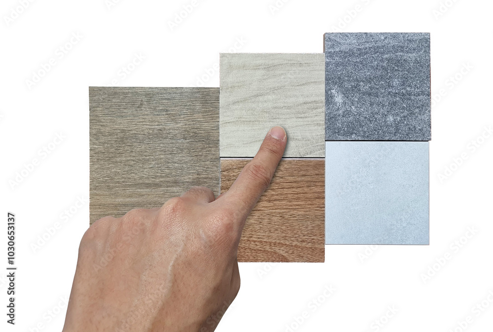 interior architect's hand chooses material samples contains oak and ash ...