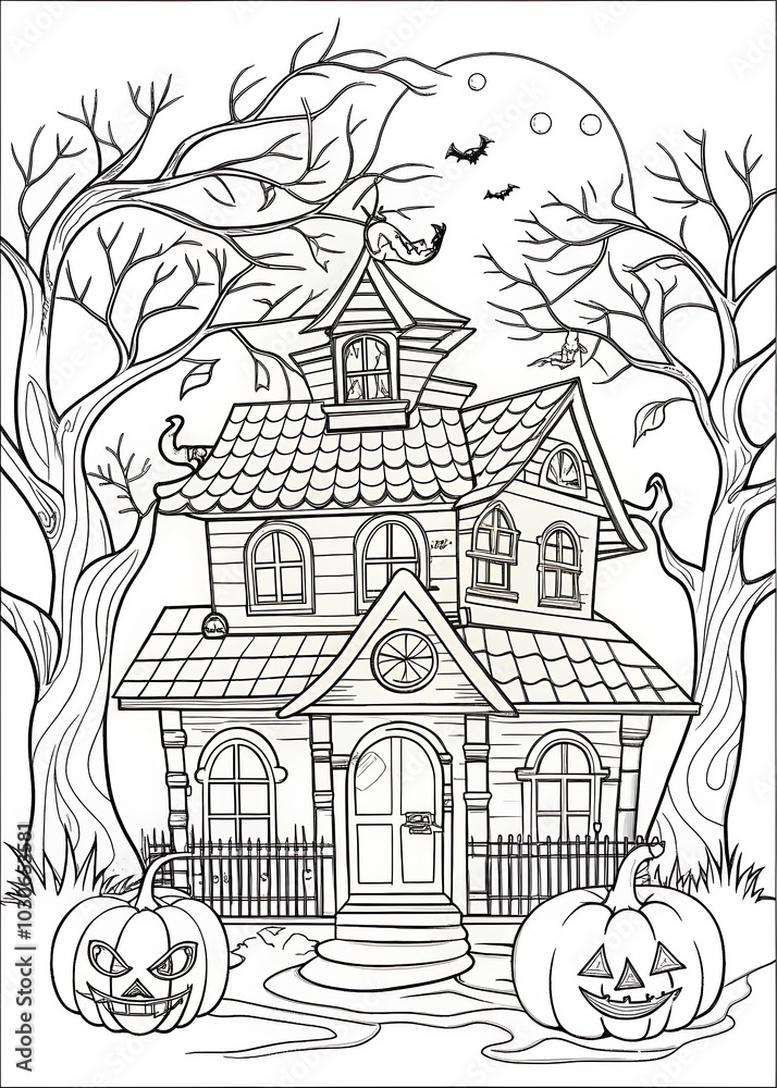 Halloween Haunted House Coloring Page for Kids with Spooky Pumpkins ...