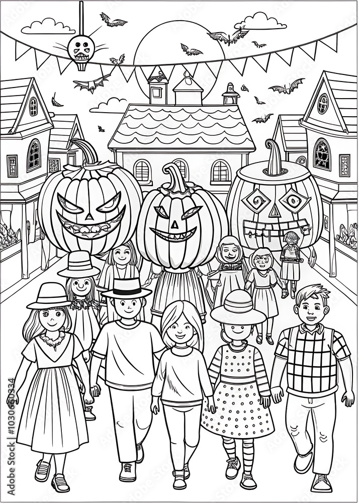 Halloween Haunted House Coloring Page for Kids with Spooky Pumpkins ...