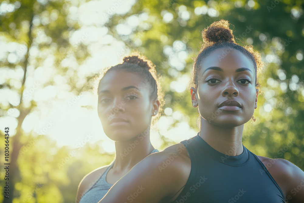 Two Confident Female Athletes Posing Outdoors in Sunlight, Portrait of ...