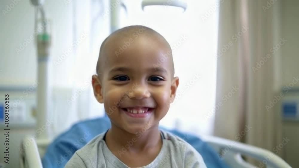 A young smiling bald boy with cancer survivor is smiling in a hospital ...