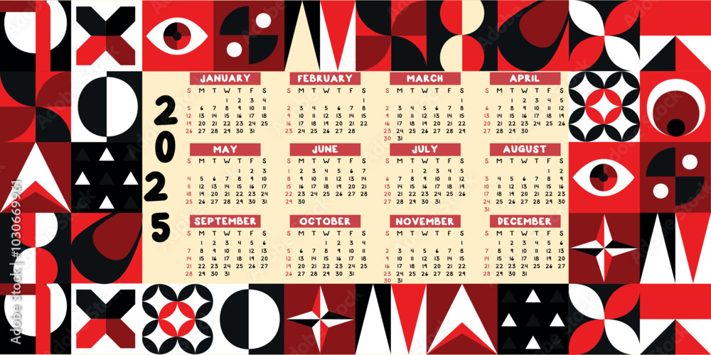 Vector calendar 2025 year template with geometric shapes. Horizontal ...