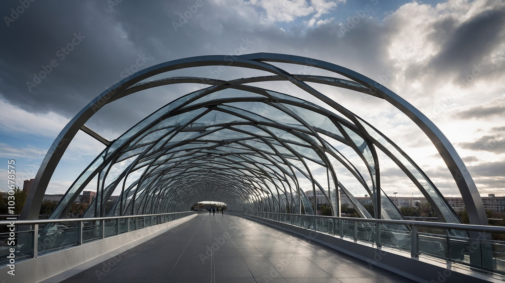Steel and glass pedestrian bridge with modern architectural design and ...
