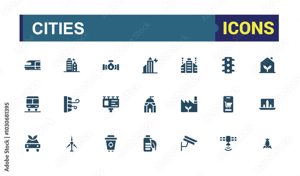 Set of solid web and ui icos for cities. Filled collection of smart ...