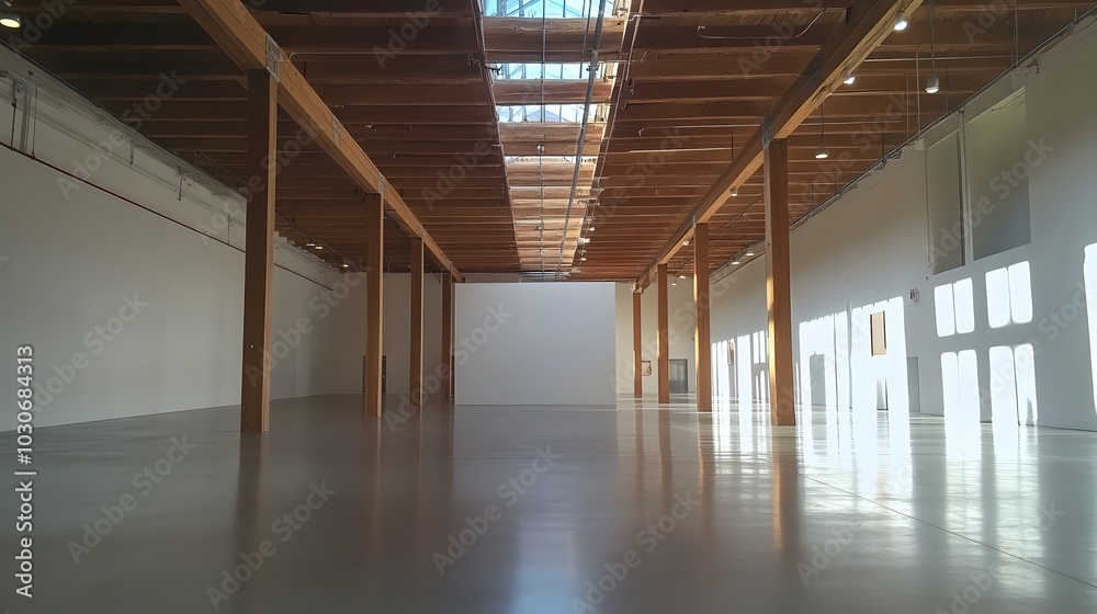 19. A wide, empty gallery space with high ceilings and wooden beams ...