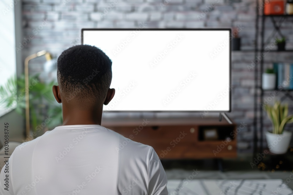 App mockup afro-american man in his 50s in front of an smart-tv with an ...
