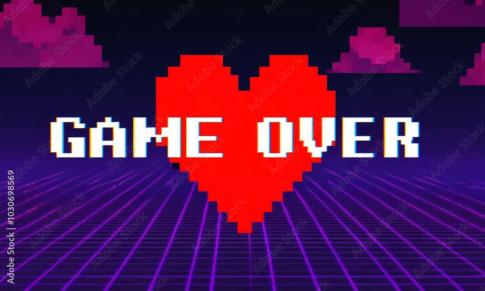Retro pixel art game over screen with red heart and futuristic grid ...